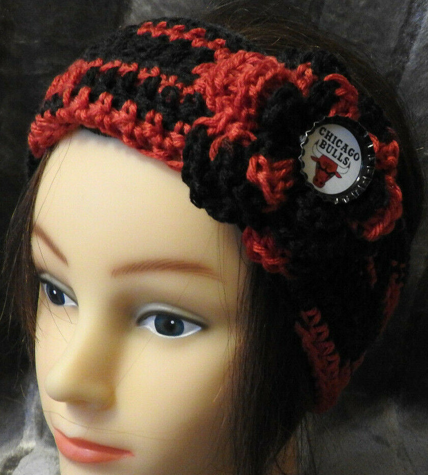 RED BLACK CH BULLS Women's Headband Ear Warmer Handmade Crochet With ...