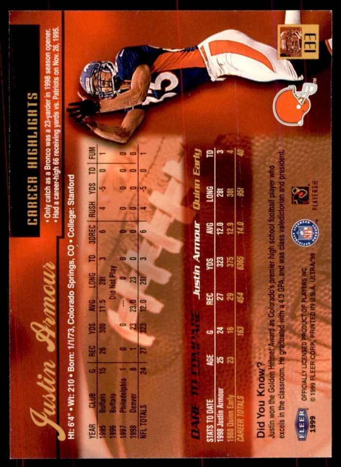 1999 Fleer Ultra Justin Armour Cleveland Browns #133 | eBay