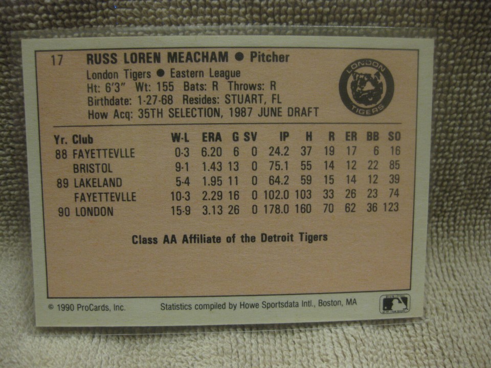 Rusty Meacham #17 1990 ProCards A&AA Minor League Stars London Tigers ...