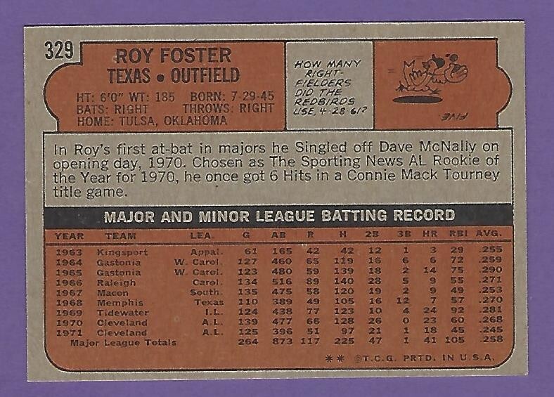 1972 Topps - #329 Roy Foster - Texas Rangers - NrMt | eBay
