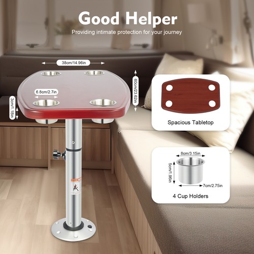 For Caravan RV Marine Boat Table w/ 4 Cup Holders & Base 22'' to 28 ...