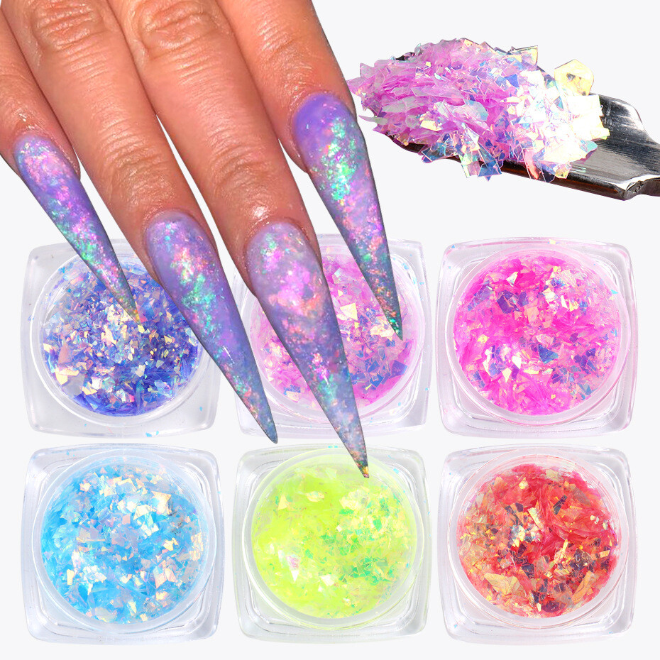 6 Box Glitter Opal Powder Nail Art Sequins Flakes Mirror Holographic ...