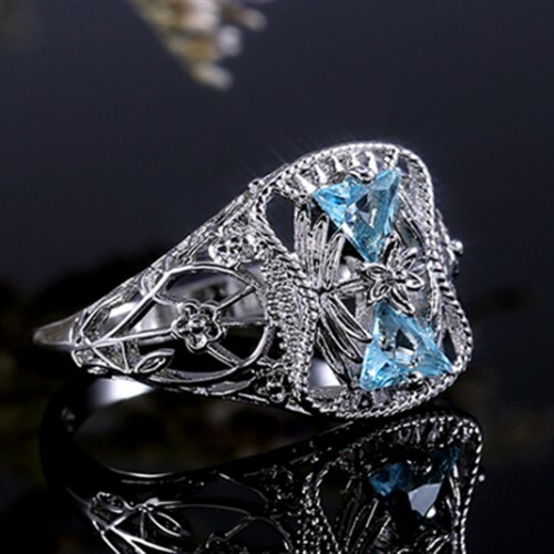 925 Silver Cubic Zirconia Double Separate Triangle Hollow Pattern Ring ...