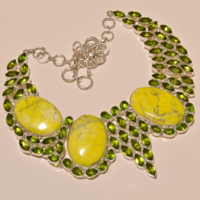 Yellow Howlite Peridot Quartz Gemstone Silver Plated Necklace Jewelry ...