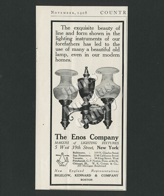 1908 Small Magazine Ad THE ENOS COMPANY LIGHTING FIXTURES New York City ...