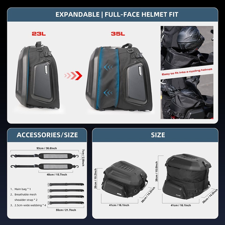 Rhinowalk Motorcycle Rear Seat Bag Waterproof 23L-35L Travel Storage ...