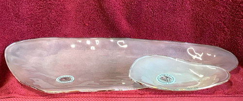 Annie Glass Oyster Shell Shaped Platter &Dish Frosted Gold Rim Signed ...