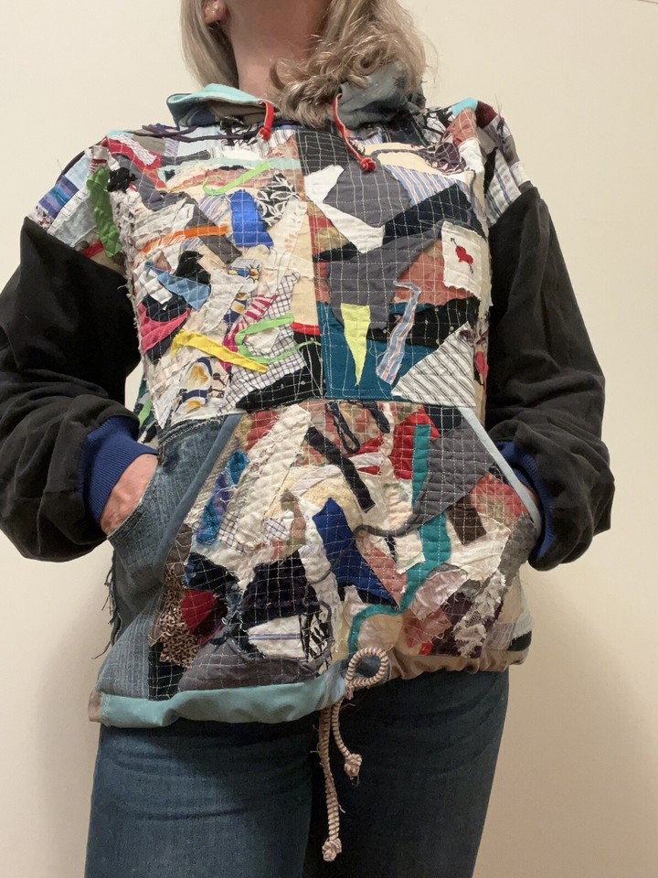 Upcycled Edgy Crazy Hoodie Sweatshirt Patchwork Fabric Scraps Frayed ...