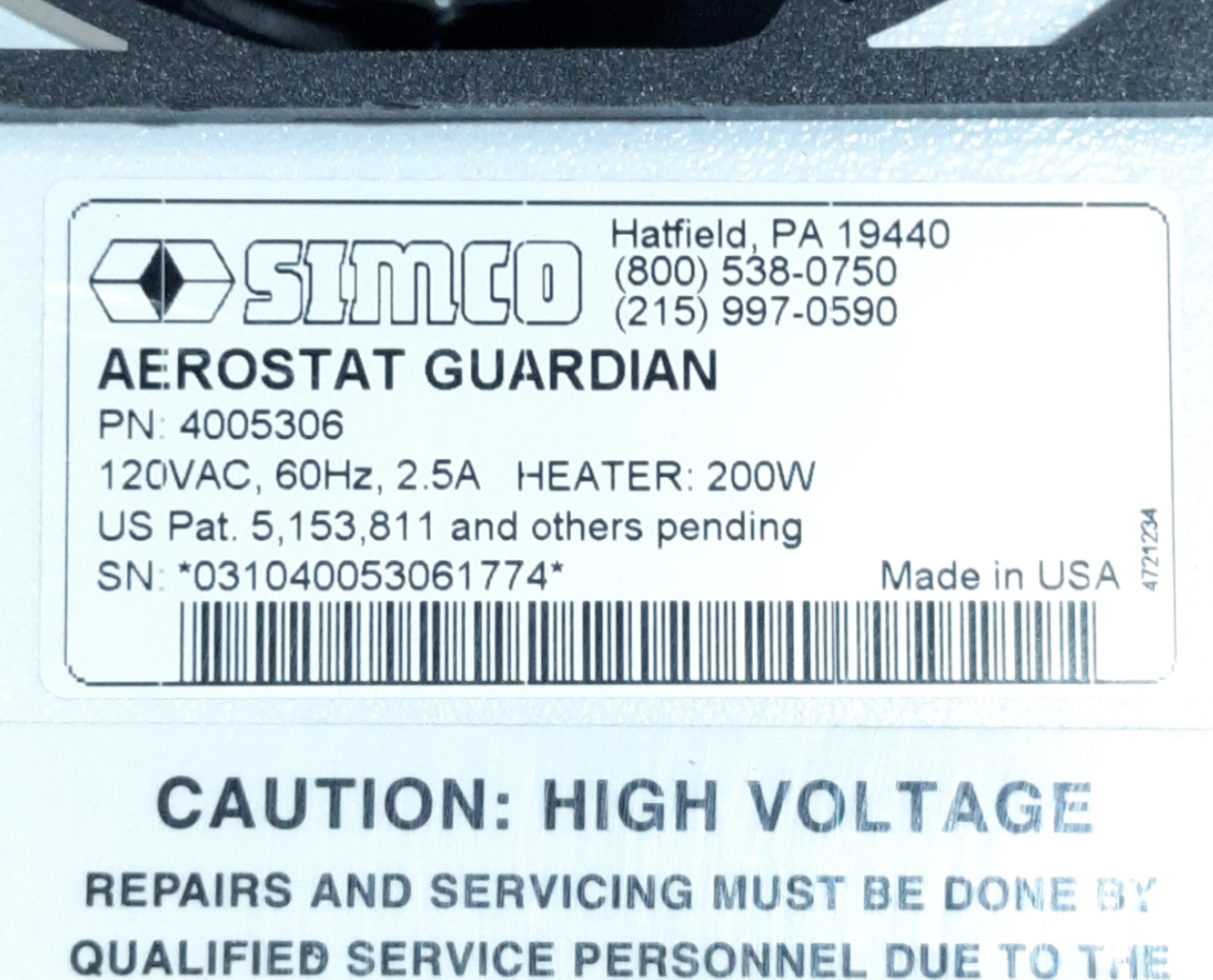 SIMCO 4005306 Aerostat Guardian Ionizing Air Fan 120v AC 2.5a 200w ...