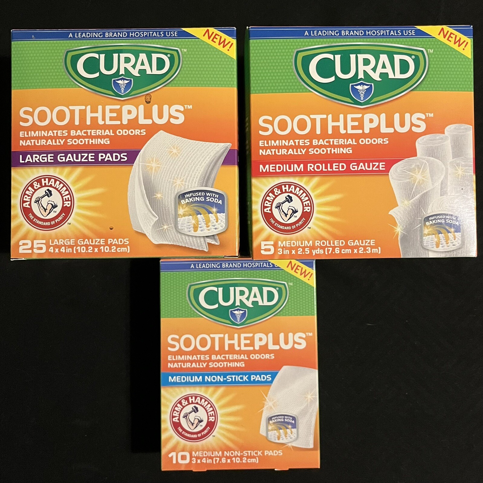 Lot Of 3 Curad Soothe Plus Rolled Gauze Medium, Large & Medium Nonstick ...