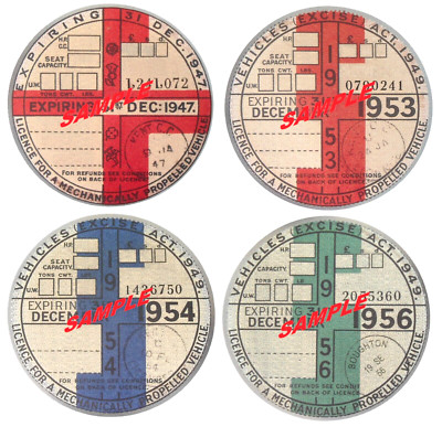 Vintage British Repro Replica Car Tax Discs 1947 1953 1954 1956 For ...