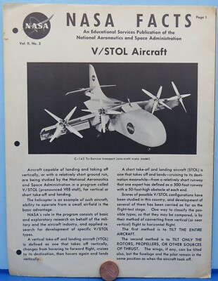 NASA PUBLICATION '66 vtg NASA Facts V / SOL Aircraft STOL Rotors Thrust ...