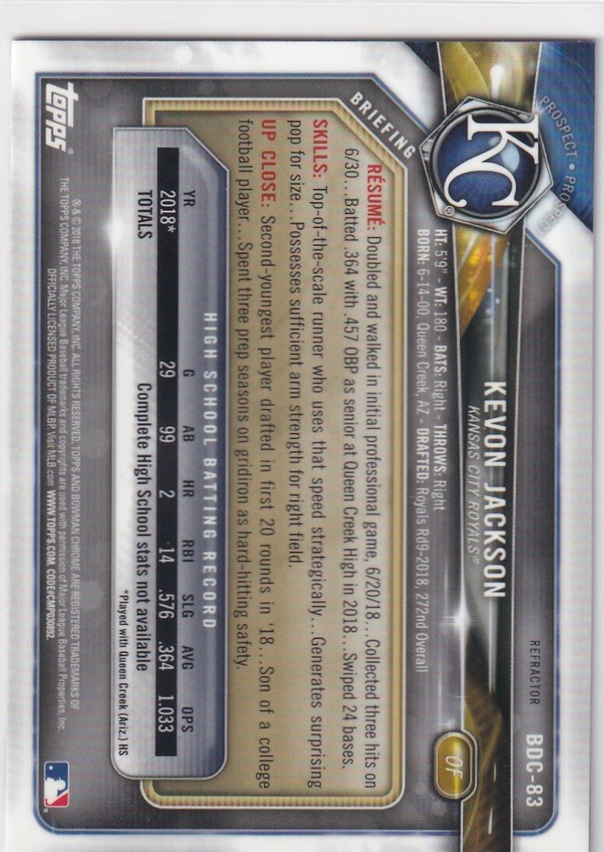 2018 BOWMAN CHROME REFRACTORS 1ST RC KEVON JACKSON KANSAS CITY ROYALS ...
