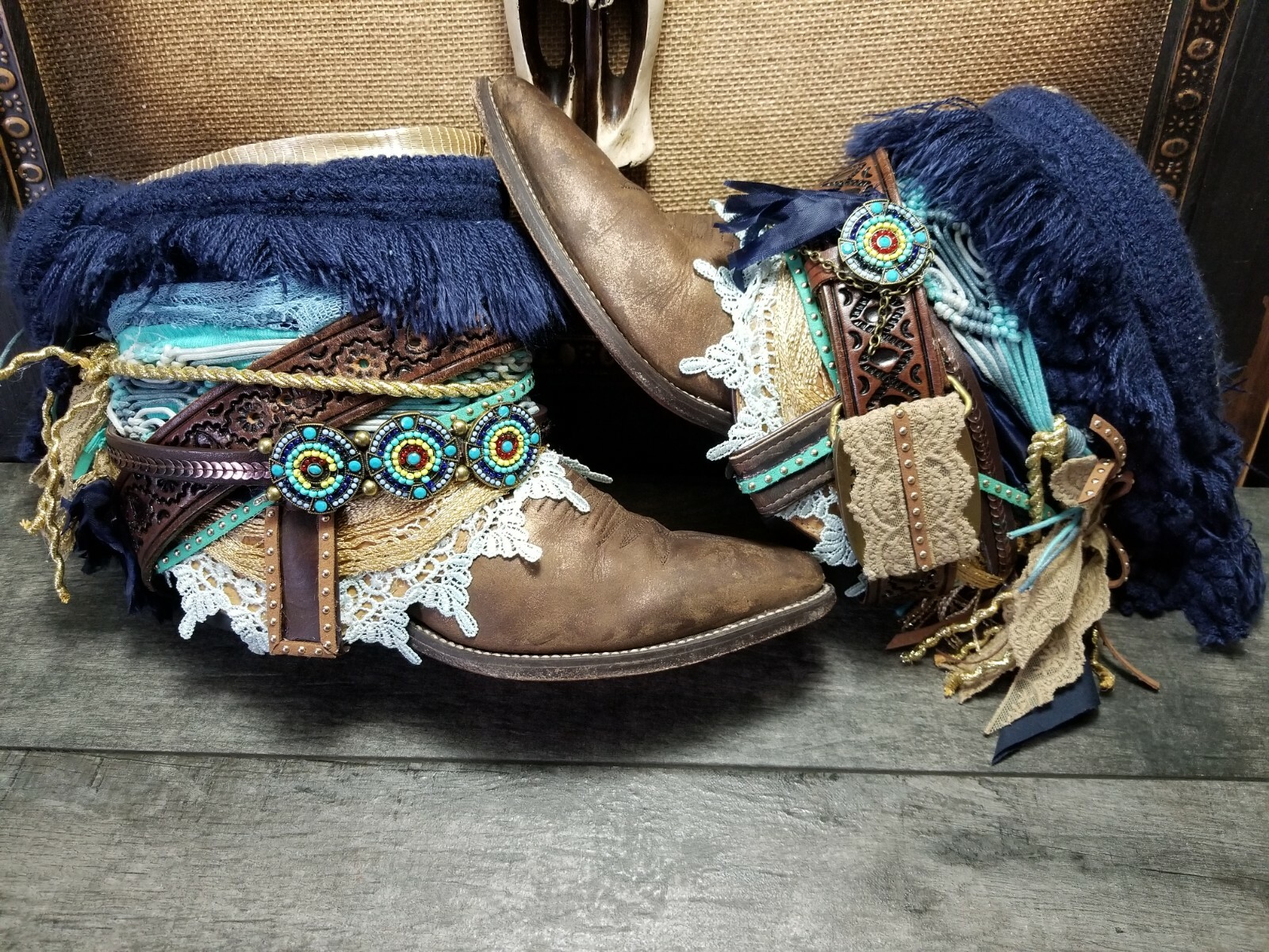Upcycled Boots boho ankle gypsy cowboy embellished OOAK Custom made to ...