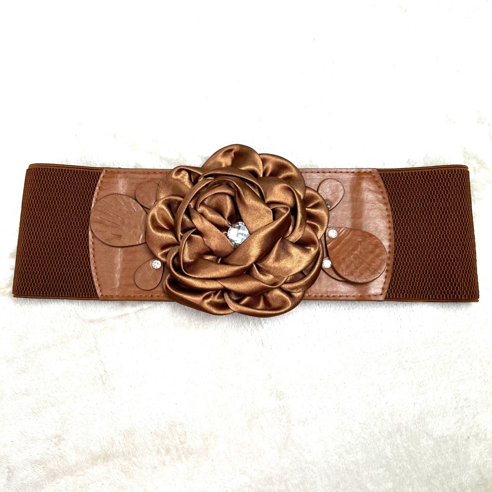 AP Belts Floral Stretch Belt Wide Satin Flower Rhinestone Caramel Brown ...