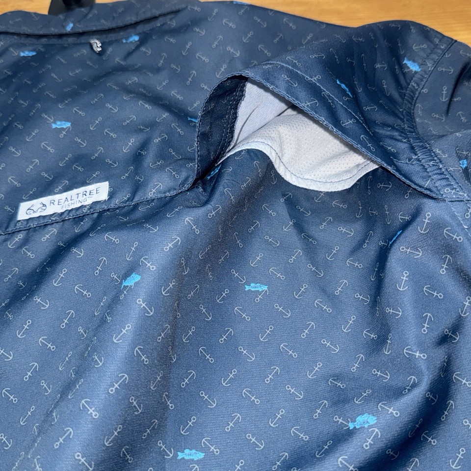 Realtree Fishing Shirt XL Geo Fish Print Blue Vented Performance Button ...