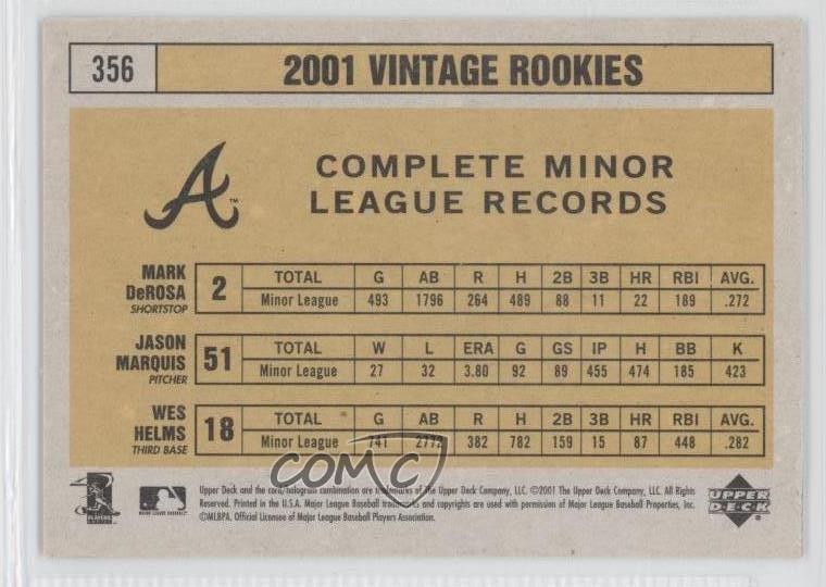 2001 Upper Deck Vintage Braves ( ) Mark DeRosa Jason Marquis Wes Helms ...