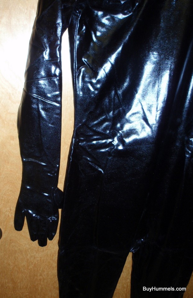 METALLIC BLACK PLEATHER UNITARD 2ND SKIN HALLOWEEN GIMP COSTUME ZENTAI ...