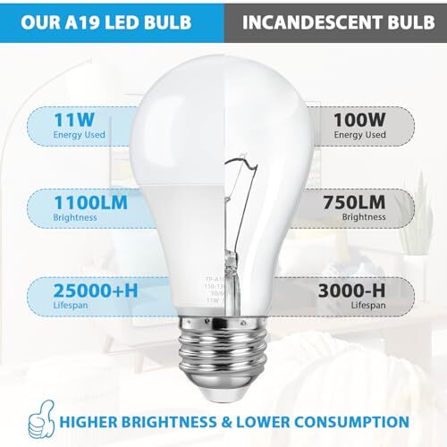 4-Pack A19 LED Light Bulbs, 100W Equivalent LED Bulb, 5000K 1100Lumen ...