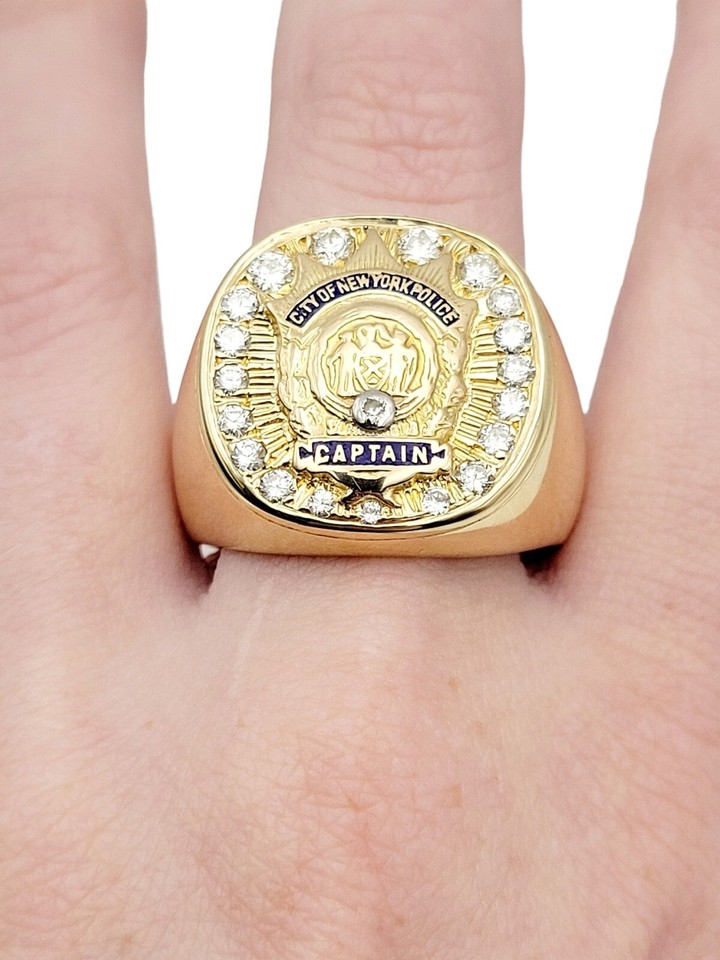Ring New York City Police Captain Badge Diamond Halo 14 Kt Yellow Gold ...