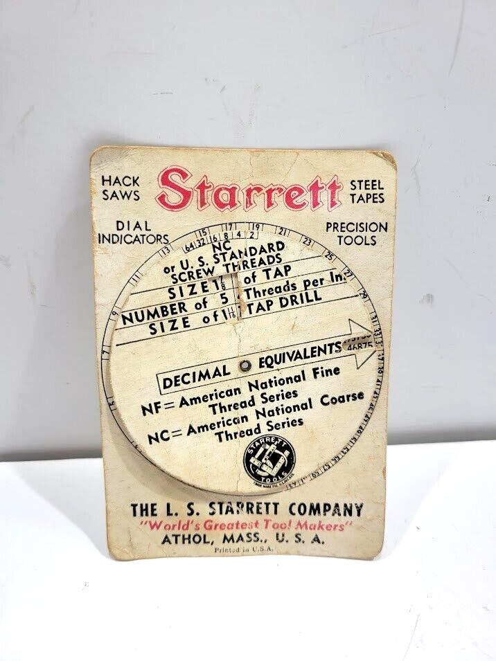 1943 L.S. Starrett Company Screw Threads & Tap Drill Spin Dial ...