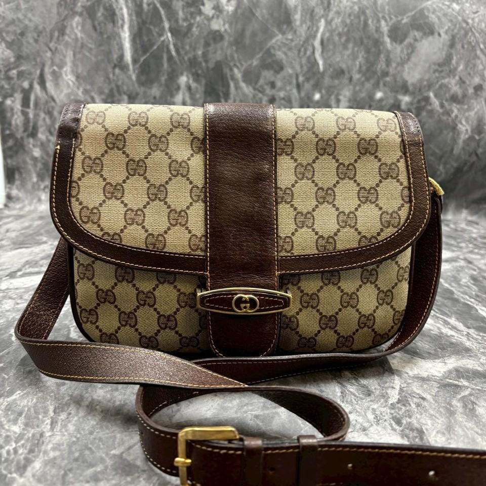 GUCCI Leather PVC Shoulder Bag Beige Brown GG Vintage Gold Hardware Old ...