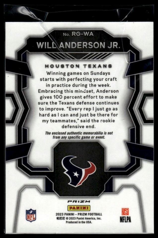2023 Panini Prizm #RG-WA Will Anderson Jr. Rookie Gear | eBay