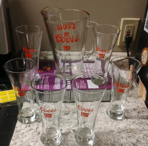 Vintage Coors Banquet Beer Heavy Glass Pitcher With 6 Pilsner Glasses ...