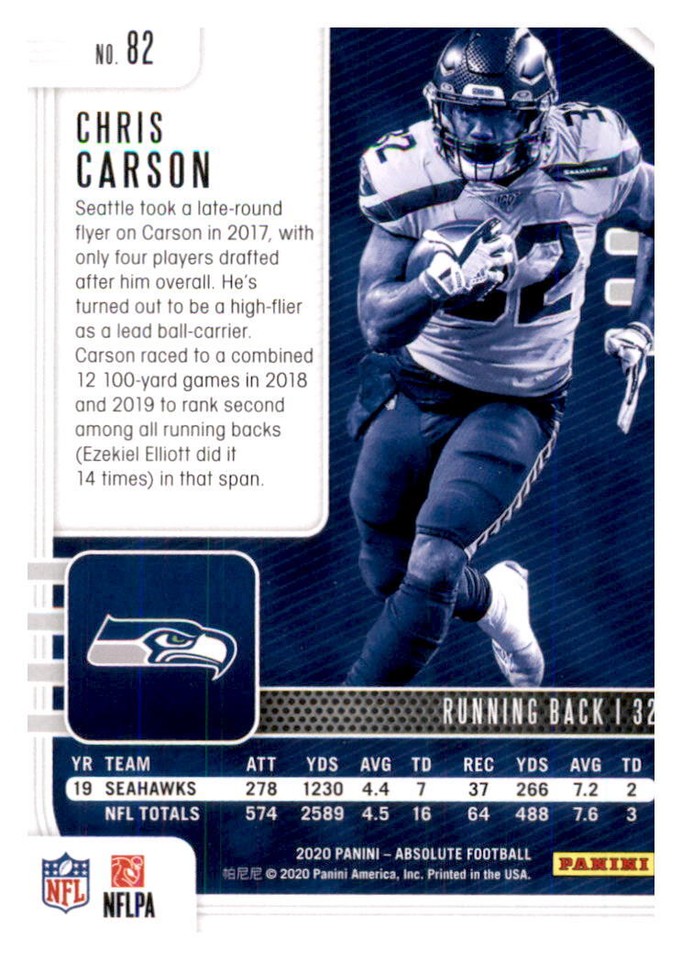 2020 Absolute Chris Carson NFL Base Card PWE Set Break Seahawks #82 | eBay