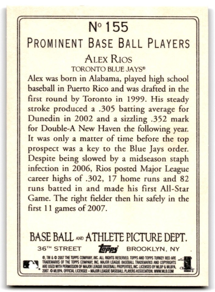 2007 Topps Turkey Red Alex Rios Toronto Blue Jays #155 | eBay