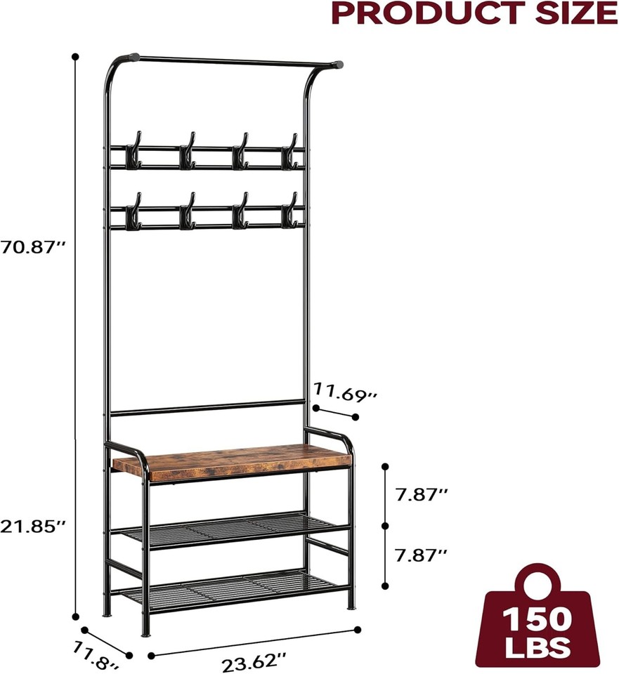 Hall Tree with Shoe Storage Bench Entryway Coat Rack with 8 Hooks | eBay UK