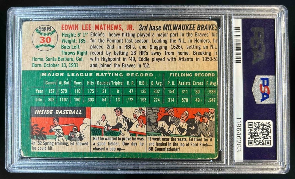 1954 Topps Eddie Mathews #30 PSA 1.5 | eBay