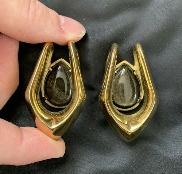 PAIR 3/4" INCH EAR WEIGHTS BRASS & STONE GAUGES EARRINGS PLUGS TALONS ...