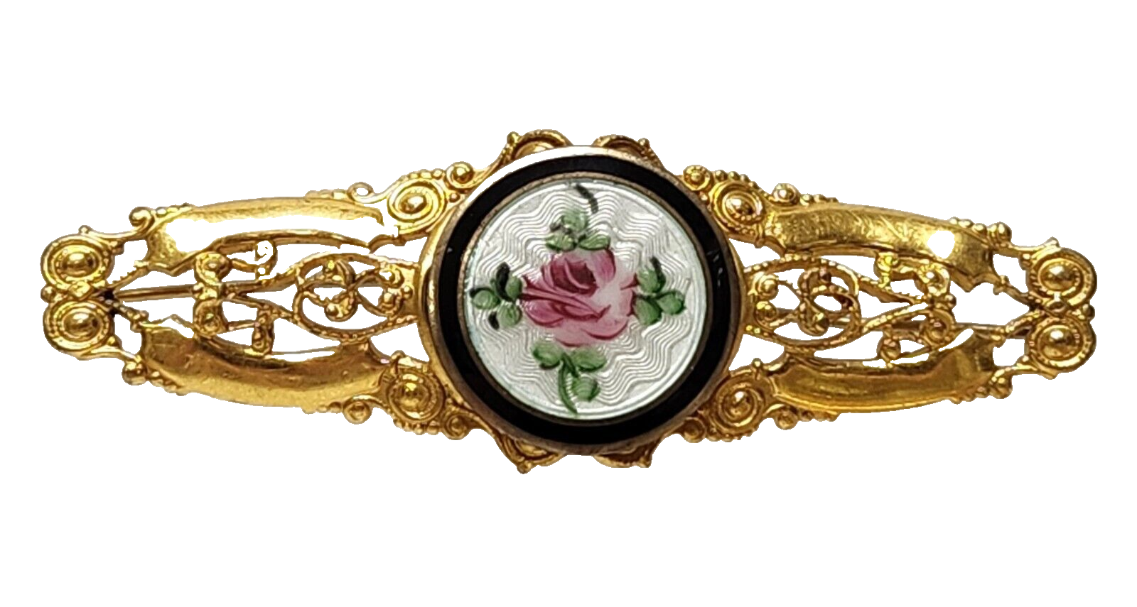 Hand Painted Rose Enamel Guilloche Gold Tone Repousse Bar Pin Brooch 3 ...