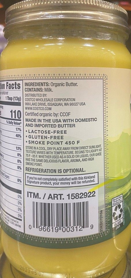 Kirkland Signature USDA Organic Ghee Clarified Butter 27 Oz Jar - 3 ...
