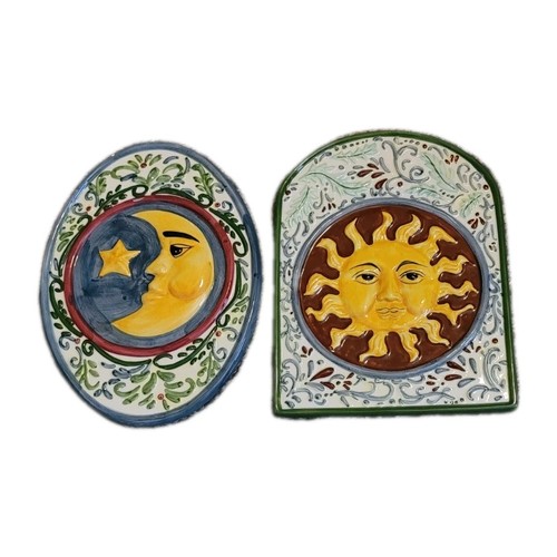 Vintage Glazed Sun & Crescent Moon Face Ceramic Garden Tile Art Yellow ...
