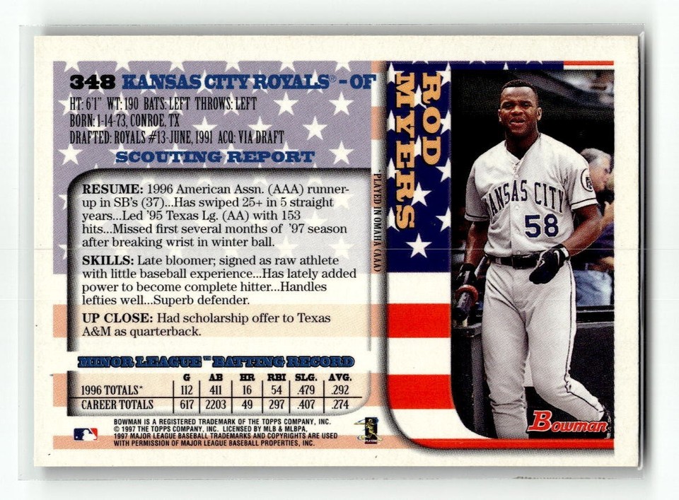 1997 Bowman International Rod Myers #348 Kansas City Royals baseball | eBay