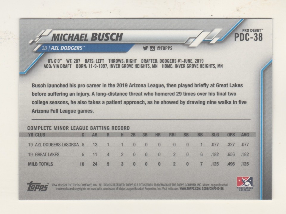 2020 Topps Pro Debut CHROME #PDC-38 MICHAEL BUSCH RC Rookie Chicago ...