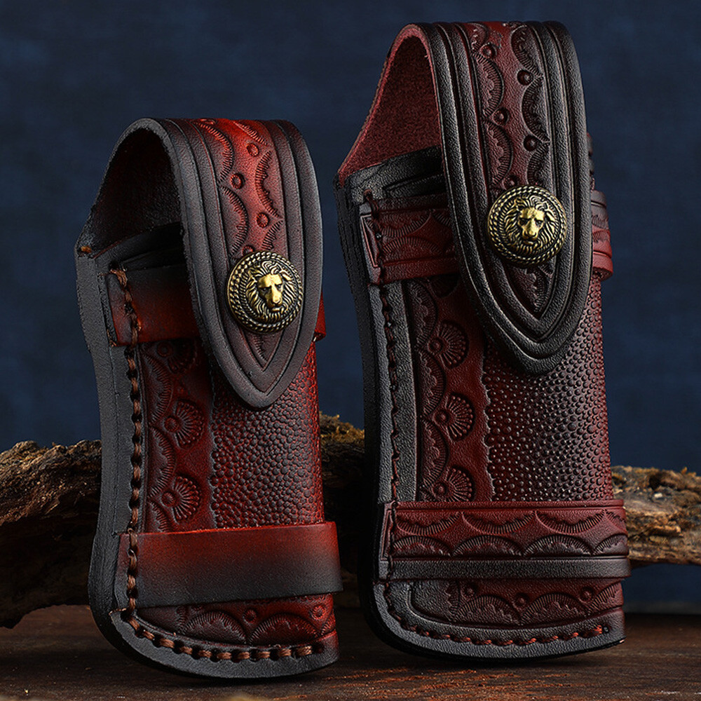 Hand Made Carved Cow Leather Sheath For Folding Knife Cover Pouch Belt ...