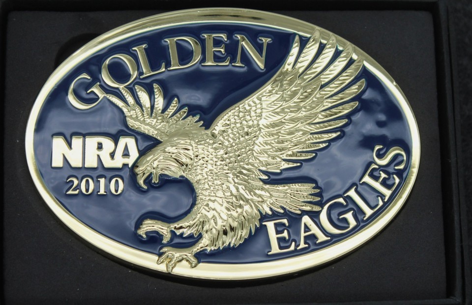 NRA GOLDEN EAGLES Collection 4 BELT BUCKLES 3 NIP + 6 Pins NIP + Knife ...