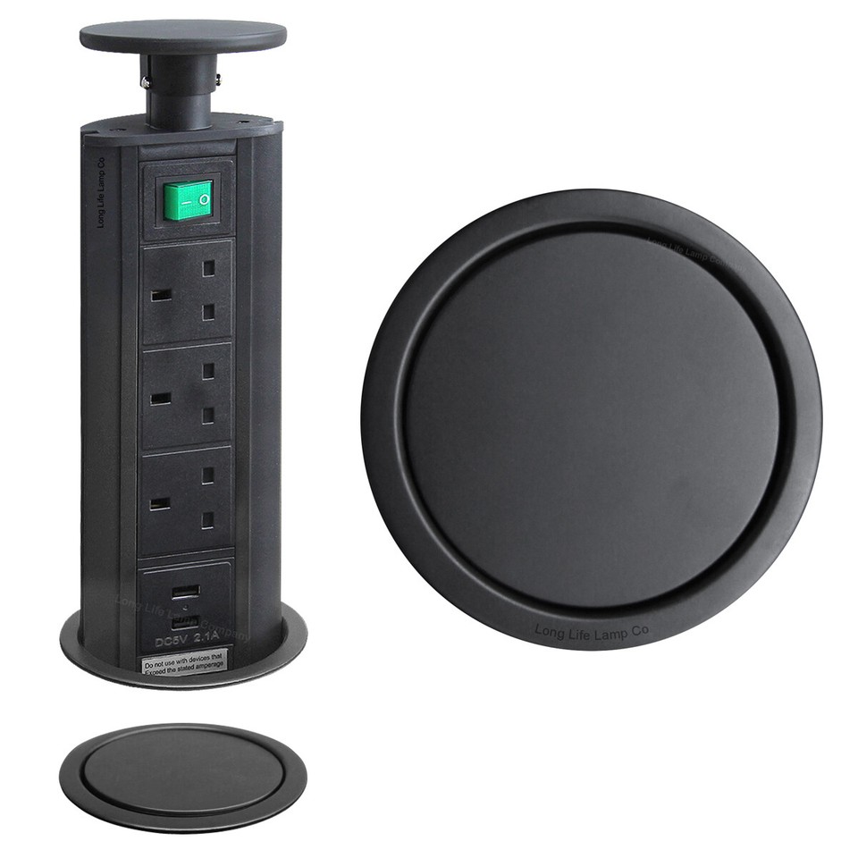 POP UP Power Tower 3 Socket 2 USB with Safety Switch Silver/Stainless ...