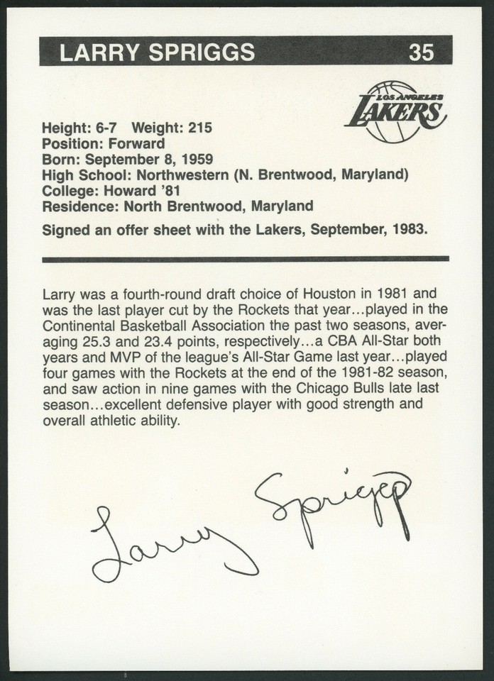 1983 BASF LAKERS LARRY SPRIGGS NEAR MINT | eBay