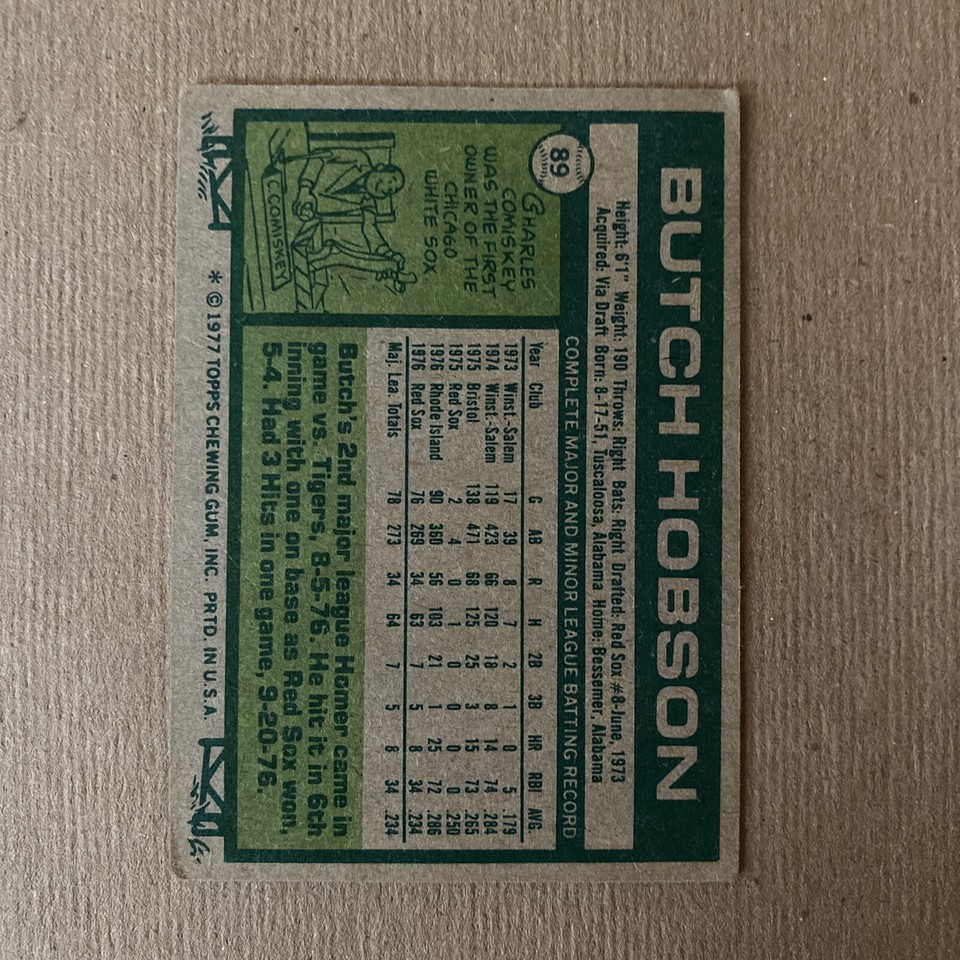1977 Topps Baseball Butch Hobson Boston Red Sox Card #89 | eBay