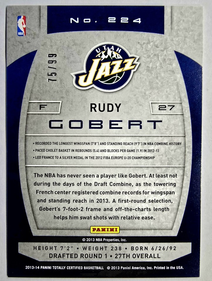 2013-14 Totally Certified /99 Red RUDY GOBERT #224 Rookie Jazz 🔴 | eBay