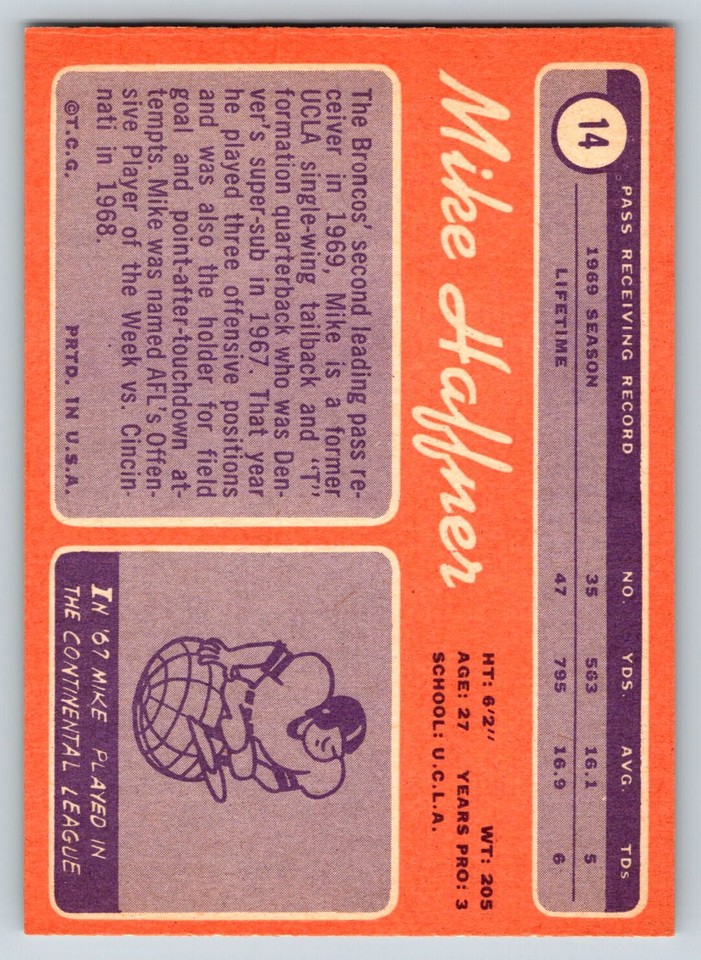 1970 Topps #14 Mike Haffner Vintage Football Card SHARP! | eBay