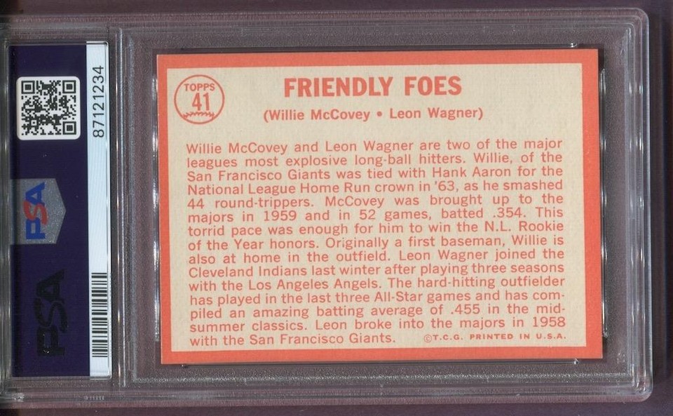1964 TOPPS FRIENDLY FOES #41 - WILLIE McCOVEY & LEON WAGNER - PSA 8 ...