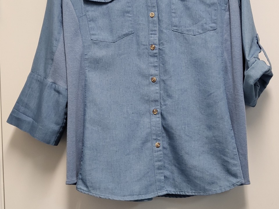 Always Indigo Shirt Womens 2X Button Up Blouse Roll Tab Sleeve Chambray ...