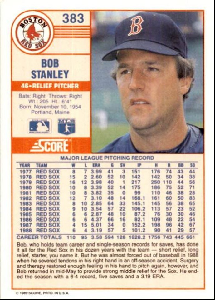 1989 Score Baseball Card Bob Stanley B Boston Red Sox #383 | eBay