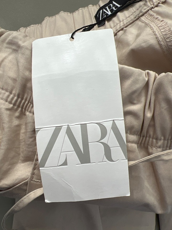 Zara Wide Leg Drawstring Cargo Pants Size XS Elastic Waist Khaki Tan ...