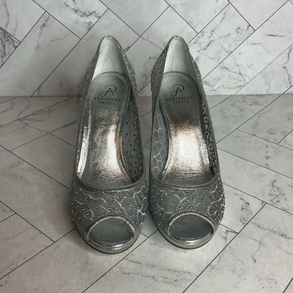NWT Adrianna Papell Womens Foxy Silver Sterling Open Toe Pump Shoe Size ...